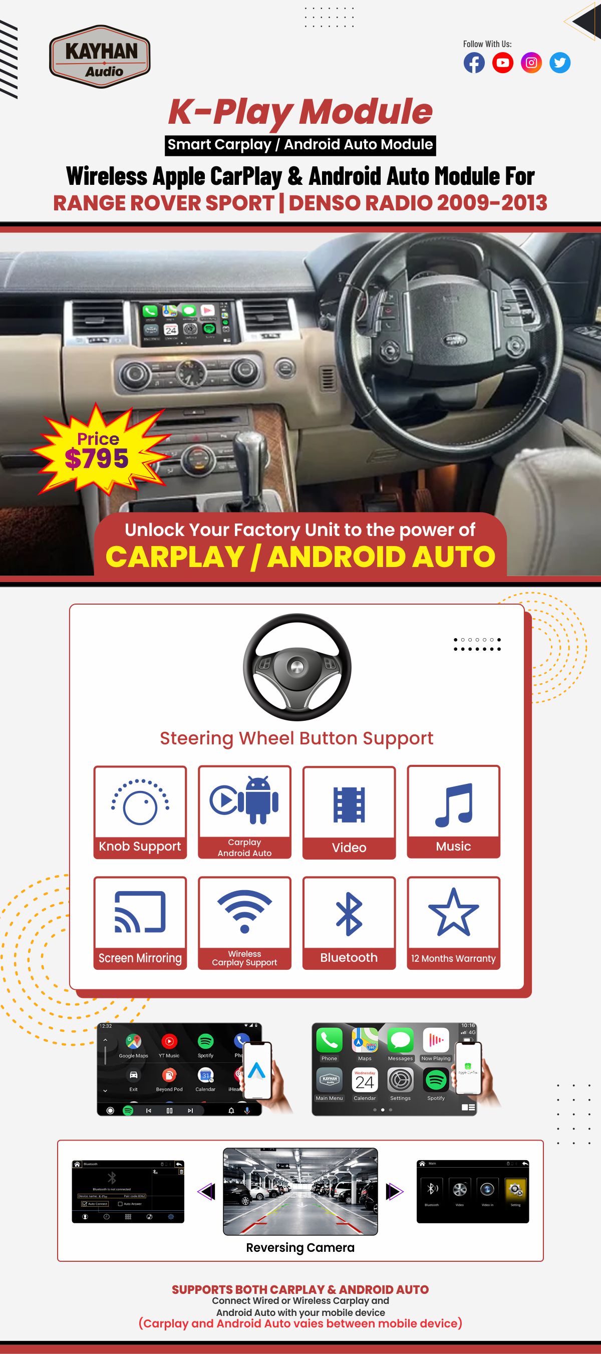 Wireless Apple CarPlay & Android Auto Module For For Range Rover Sport